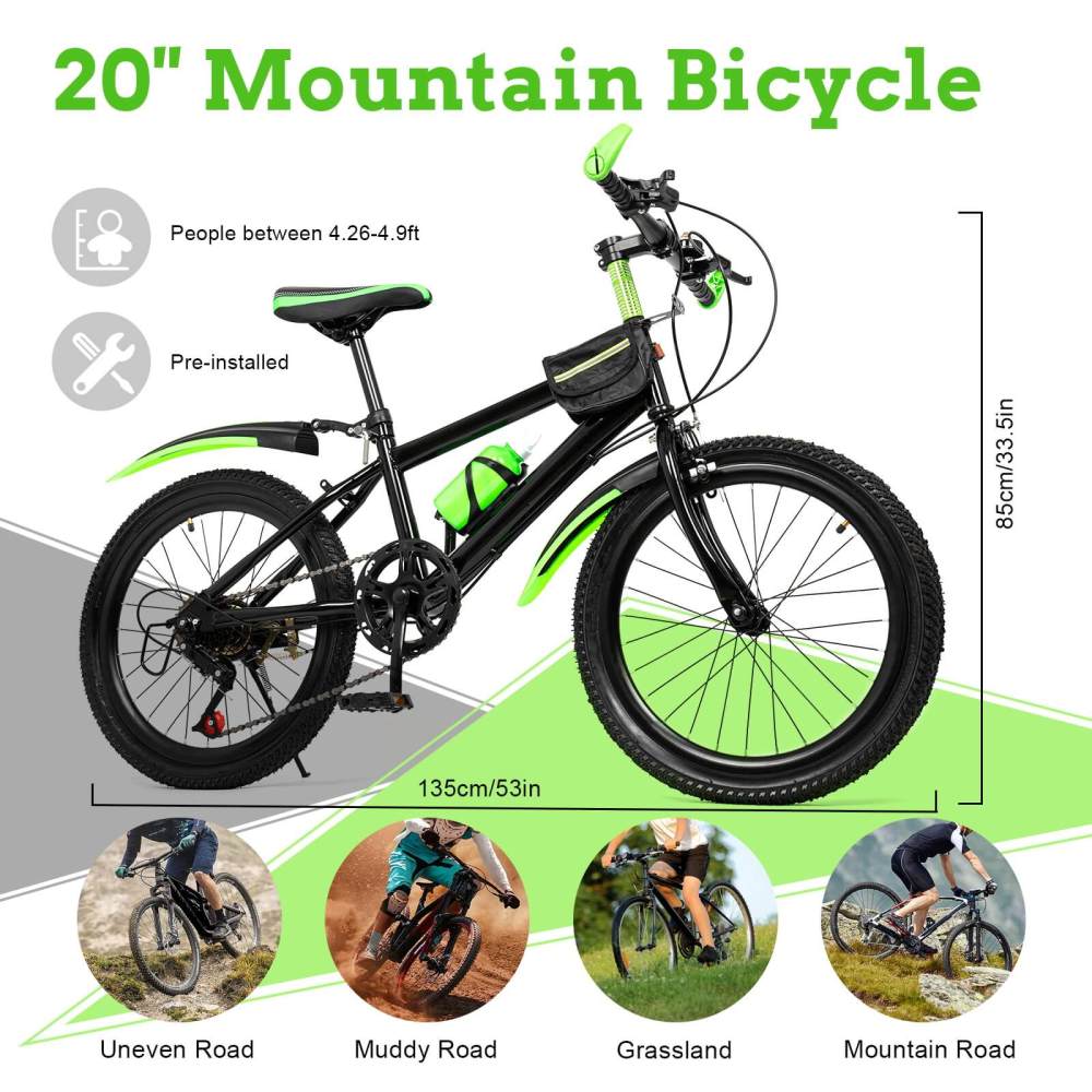 20 Inch Unisex Mountain Bike MTB Bike Kids Girls Boys Bike 7 Gang Speed ...